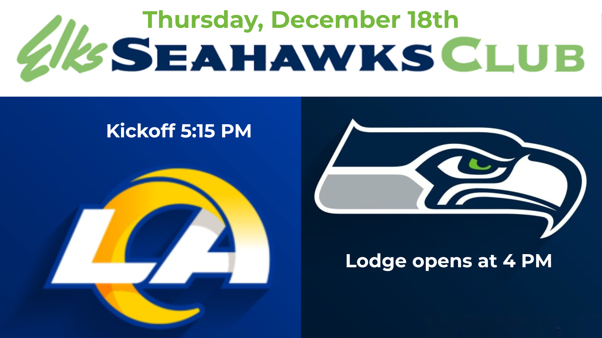 Seahawks Club Kickoff 5:15 PM – Elks Lodge 823